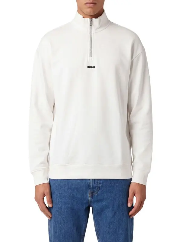 Hugo Cotton High-neck Half-zip Sweatshirt With Contrast Logo - Ivory