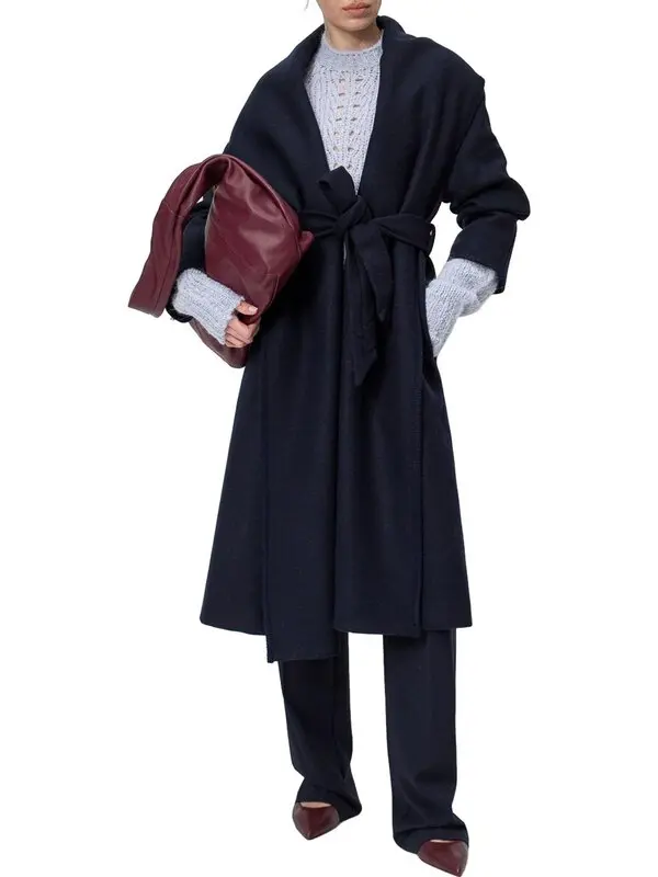 TWINSET Long Wool Robe Coat With Shawl Collar And Belt - Blue