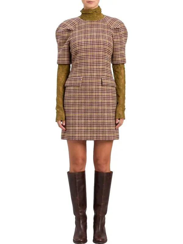 TWINSET Houndstooth Sheath Mini Dress With Puff Sleeves And Lace Inserts - Multicolor
