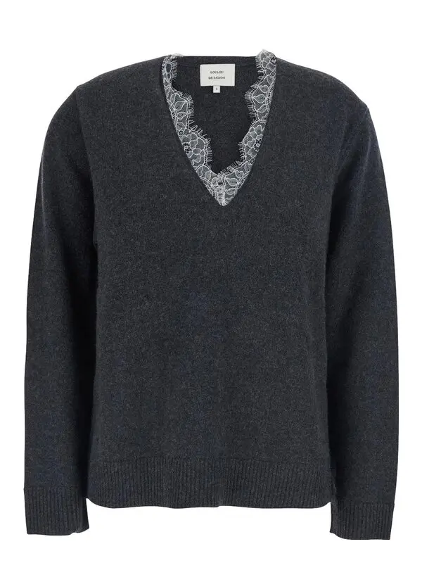 Loulou De Saison V-neck Cashmere Sweater With Lace Details For - Grey