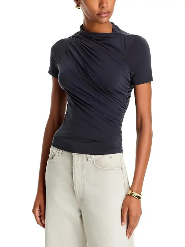 FRAME Short Sleeve Draped Top - Black