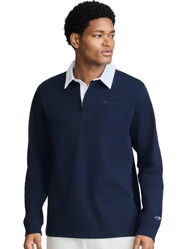 Champion Long Sleeve Rugby Shirt With Twill Collar, Embroided C Logo - Deep Navy