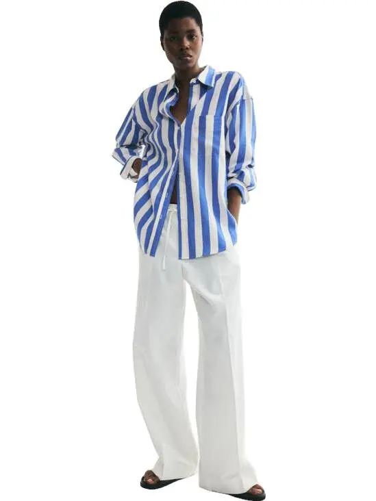 H&M Oversized Linen-blend Shirt - Blue/striped