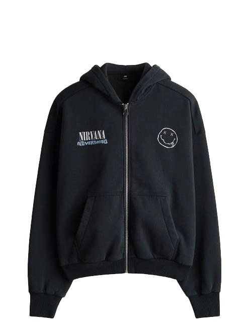 H&M Oversized Printed Hooded Jacket - Washed Black/nirvana