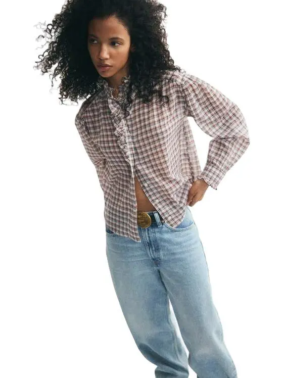 H&M Ruffle-trimmed Blouse - Cream/checked