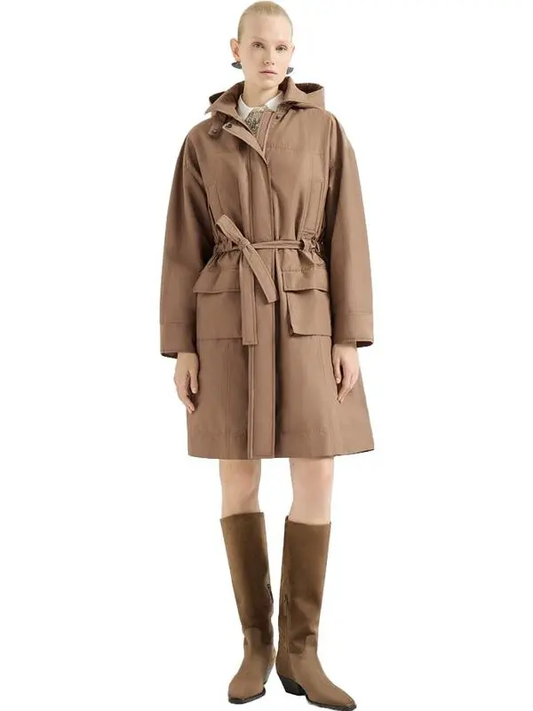 Brunello Cucinelli Techno Cotton Taffeta Coat With Detachable Hood And Shiny Zipper Pull - Camel