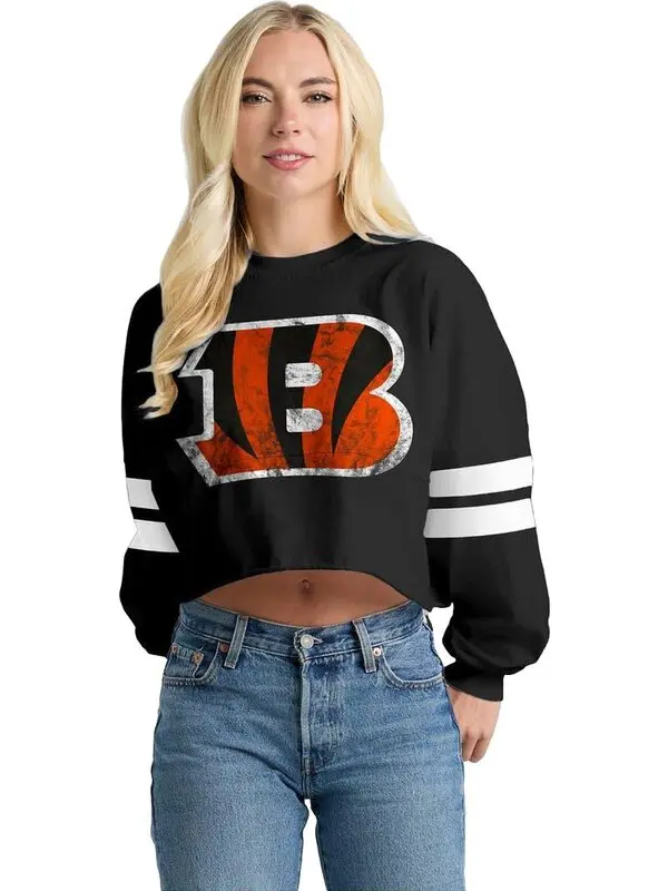 SPIRIT JERSEY Cincinnati Bengals Oversized Cropped Stripe Long Sleeve T-shirt - Black
