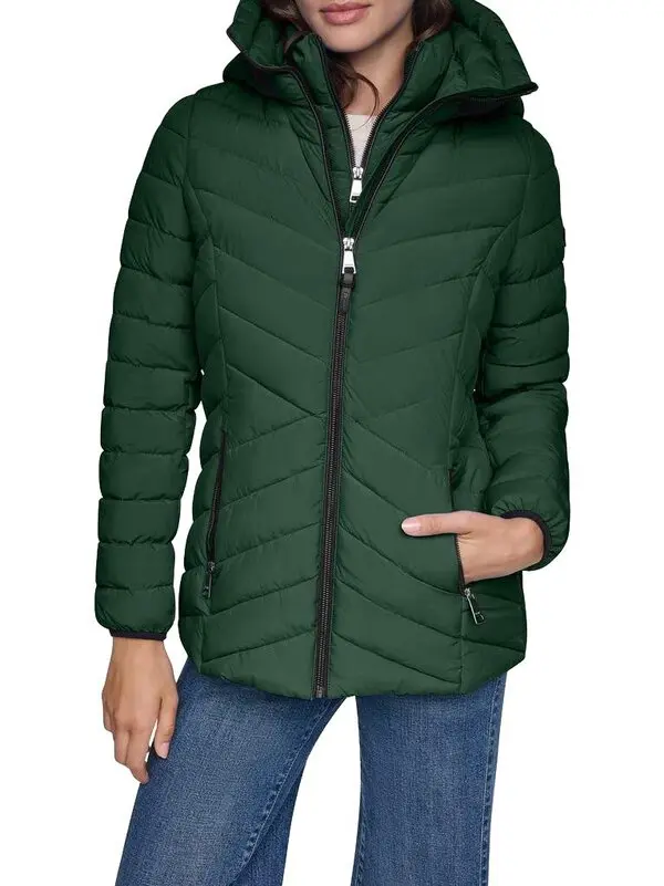Dkny Water Resistant Lightweight Puffer Jacket With Bib - Hunter