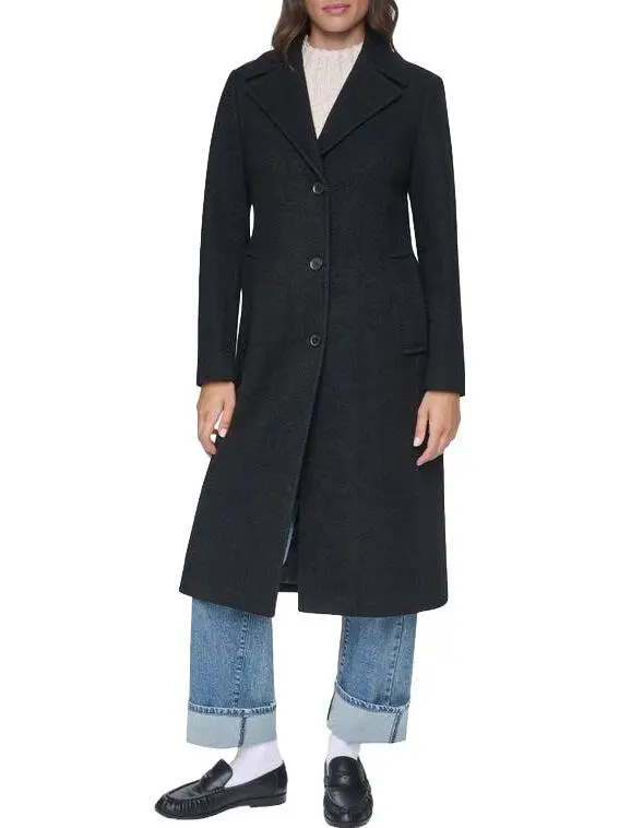 Dkny Single Breasted Bouclé Wool Blend Coat - Black