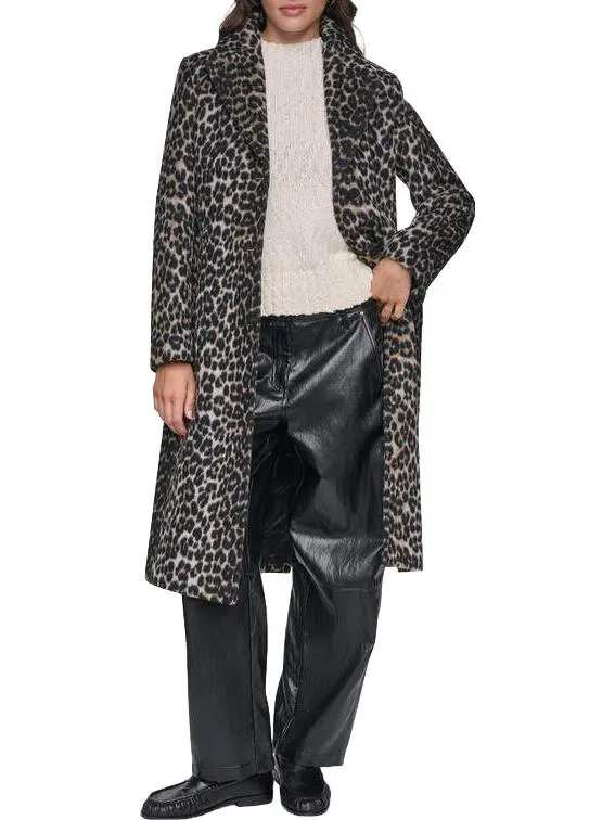 Dkny Single Breasted Bouclé Wool Blend Coat - Leopard