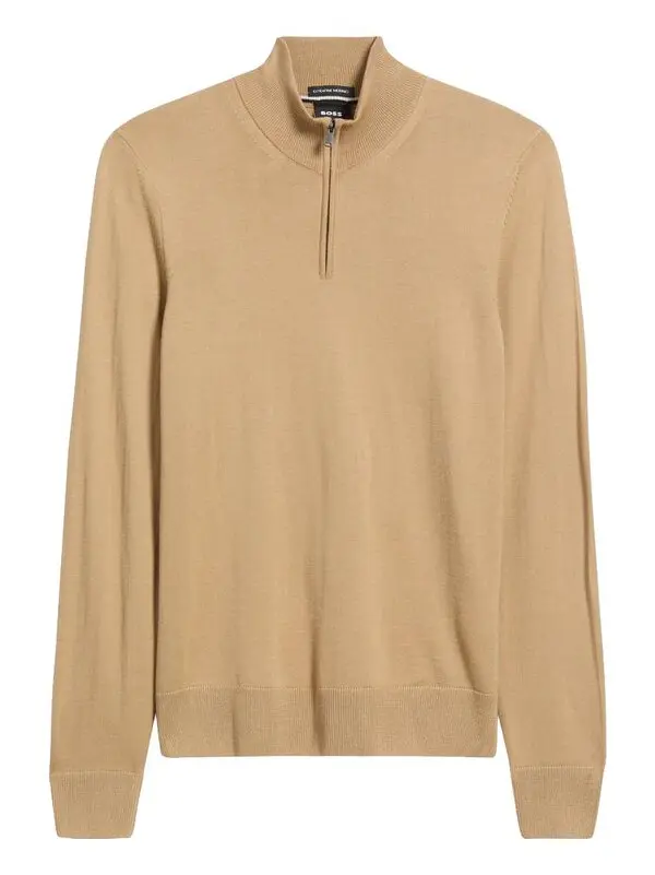 BOSS Ebenji Wool Quarter Zip Sweater - Medium Beige