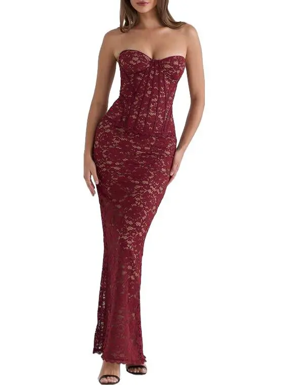 House Of Cb Solaine Lace-up Strapless Lace Corset Gown - Cabernet
