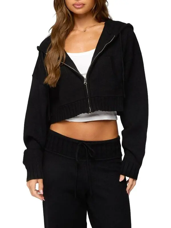 EDIKTED Russell Crop Hooded Zip Sweater - Black