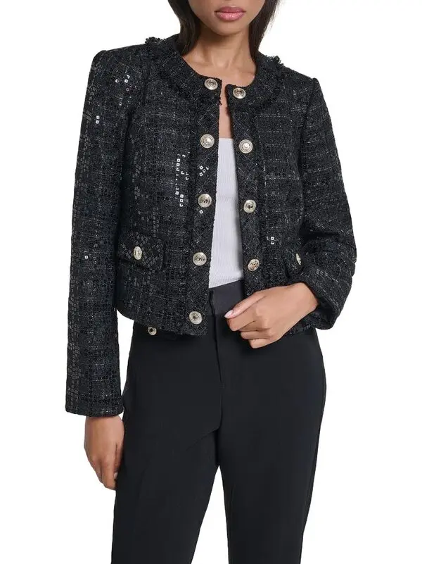 Karl Lagerfeld Paris Sequin Collarless Jacket - Black