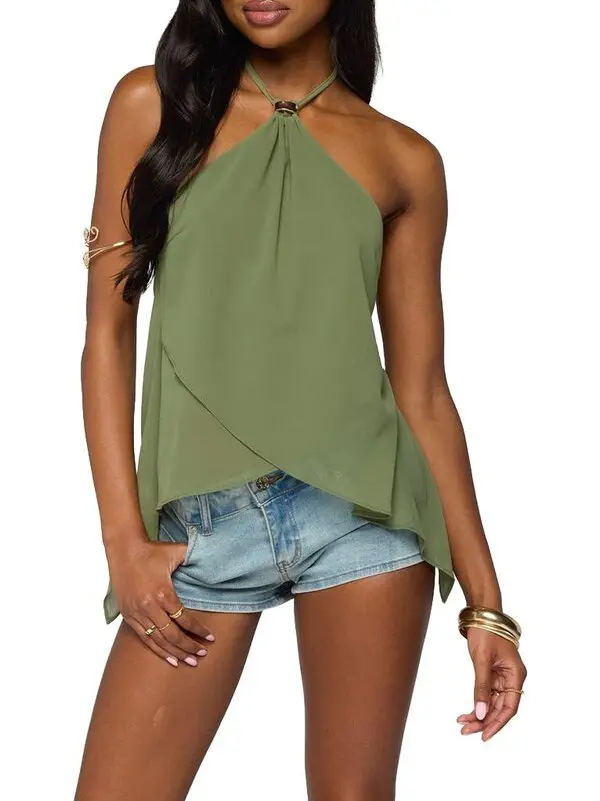 EDIKTED Split Open Back Chiffon Halter Top - Olive