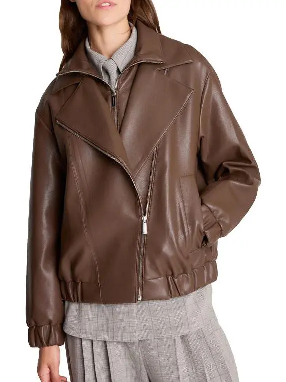 KENNETH COLE Asymmetrical Zip Faux Leather Moto Jacket - Coffee