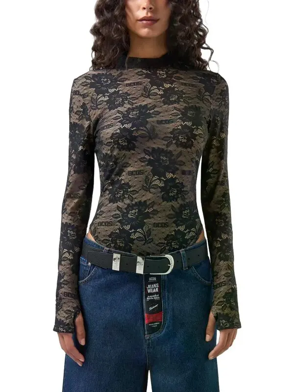 Gcds Floral-lace Logo-print Bodysuit - Black