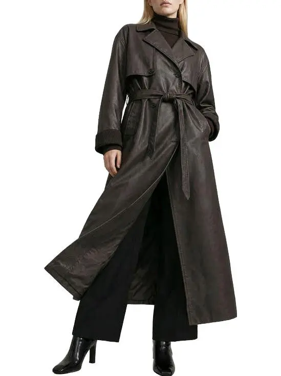 NOIZE Abby Faux Leather Trench Coat - Coffee