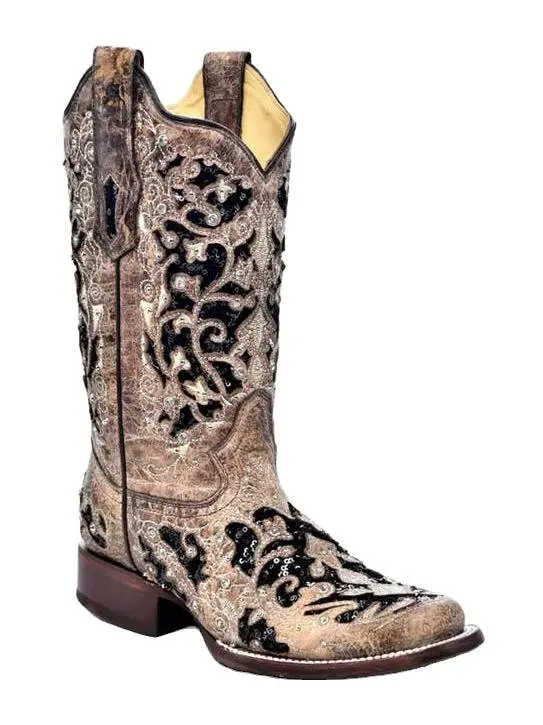 CORRAL Cowhide Crystal Accent Studded Floral Detail Square Toe Western Boots - Brown