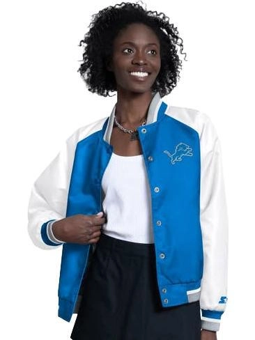 STARTER White Detroit Lions Raglan Blitz Full-snap Varsity Jacket - Blue