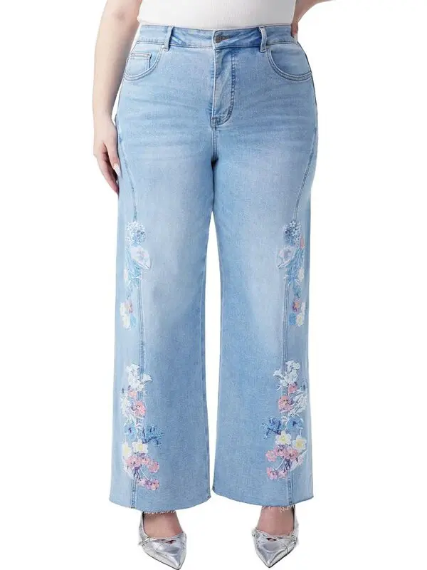 BAYEAS Embroidered High Waist Wide Leg Jeans - Bluewisp