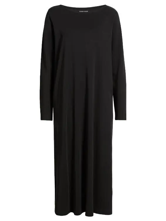 Eileen Fisher Bateau Neck Organic Pima Cotton Midi Dress - Black