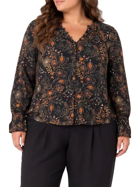LIVERPOOL Pintuck Sateen Top - Blk/rust Multi