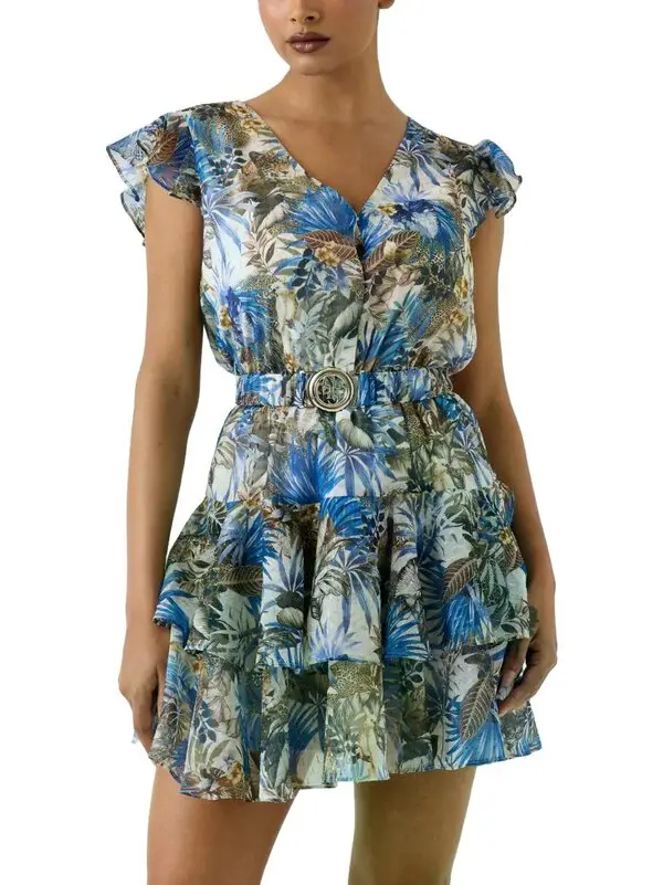 Guess Tropical-print Tiered Mini Dress - Blue
