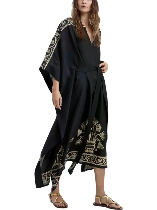 Greek Archaic Kori Embroidered Belted Midi Dress - Black