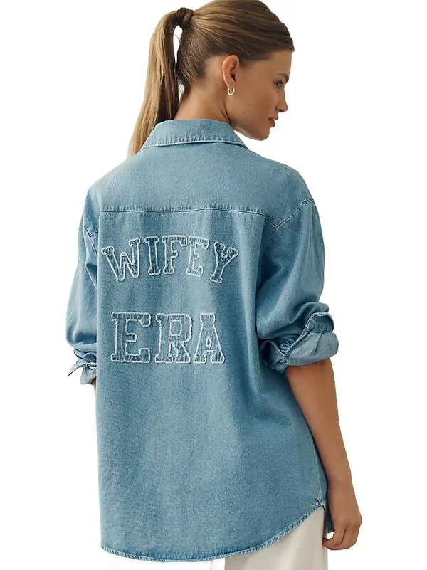 EN ELLY Wifey Era 100% Cotton Denim Buttondown Shirt Top - Medium Denim