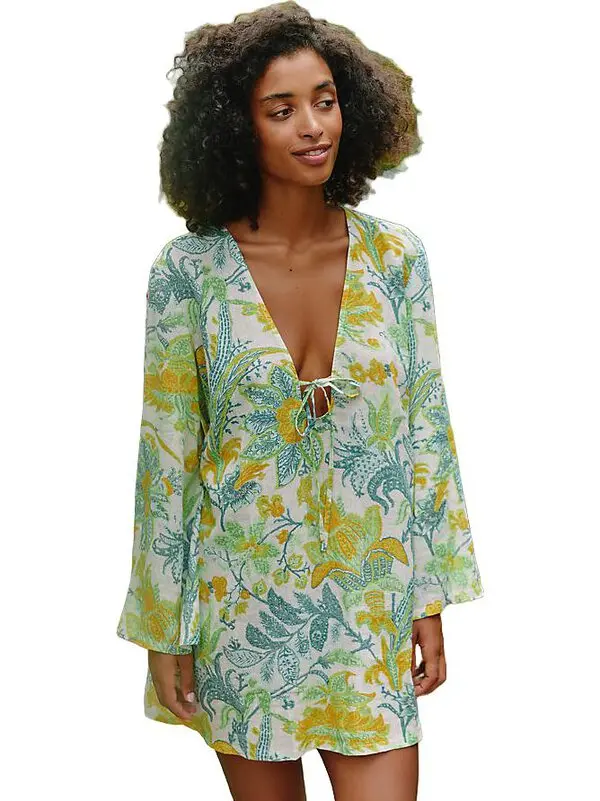 CELANDINE Tie-front Mi Dress - Green Pattern