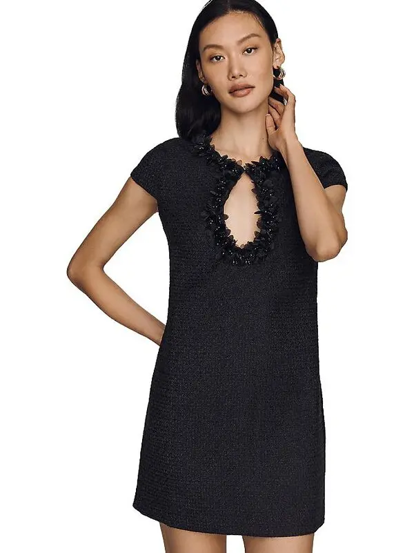 Endless Rose Floral Trim Tweed Mi Dress - Black