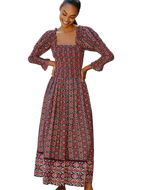 RO'S GARDEN Jocelyn 100% Cotton Midi Dress - Pink Pattern