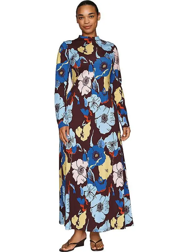 DE LORETA Mandy 100% Cotton Knit Maxi Dress - Blue Pattern