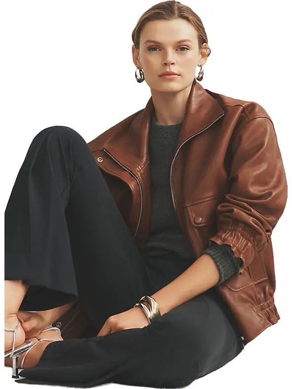 Maeve Leather Funnel Neck Jacket - Copper