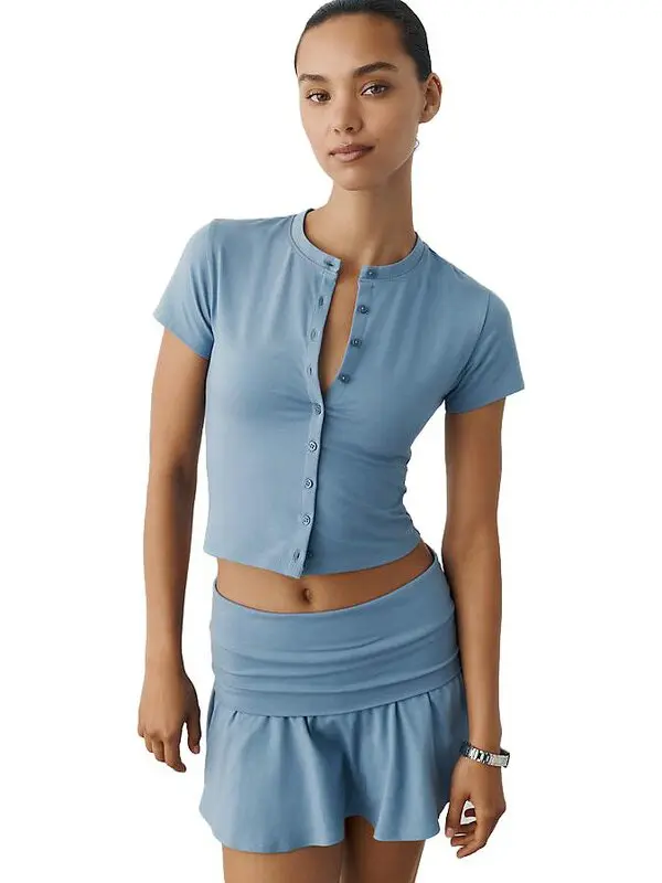 L*Space Delilah Short-sleeve Cardigan Sweater - Chambray