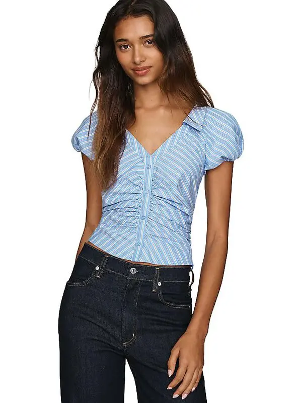 Maeve Ruched Short Sleeve Buttondown Shirt - Blue Stripe