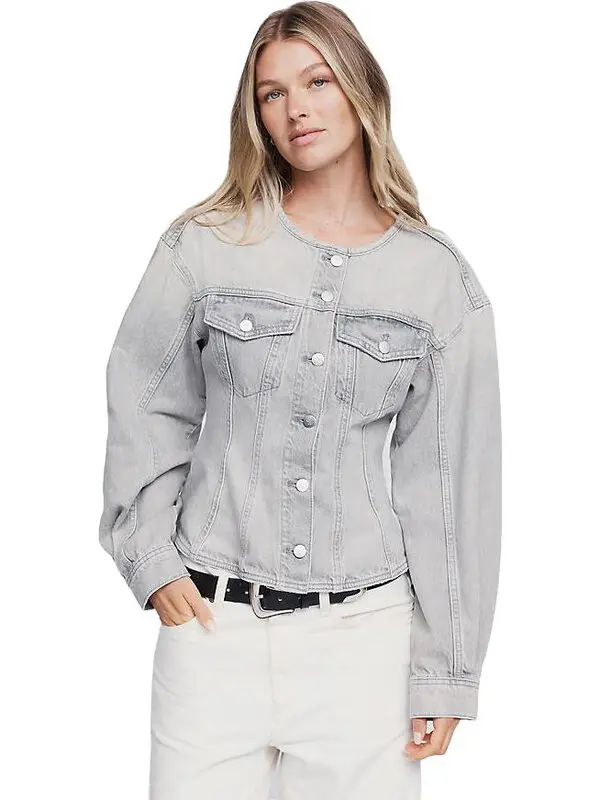 PILCRO 100% Cotton Collarless Peplum Jacket - Light Grey