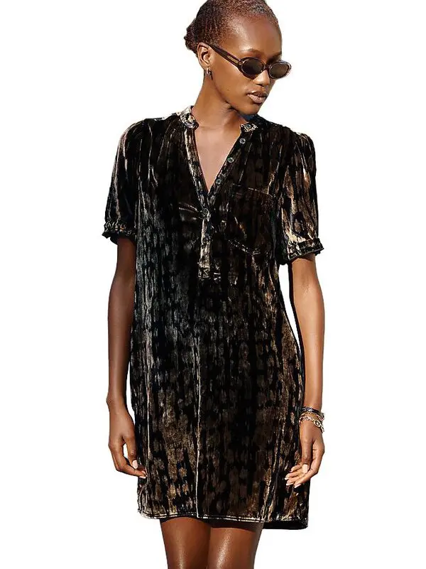 PILCRO Aly Velvet Puff-sleeve Mi Dress - Black Pattern