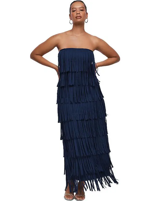 CURAAE Yelena Strapless Frge Midi Dress - Navy