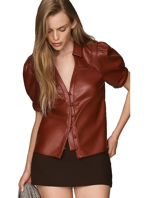 PILCRO Faux Leather Puff Sleeve Blouse - Brown