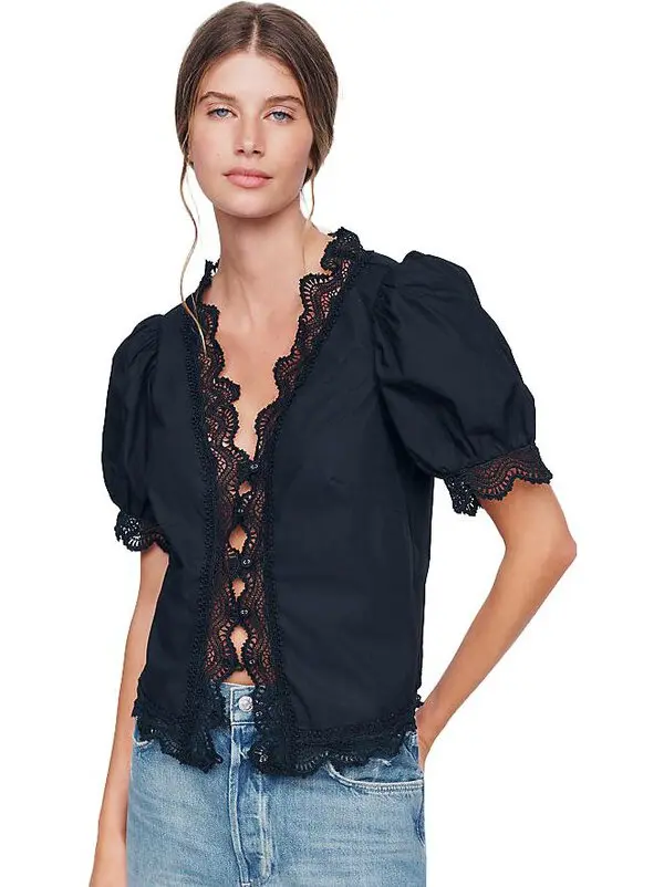 Anthropologie 100% Cotton Lace Detail Blouse - Black