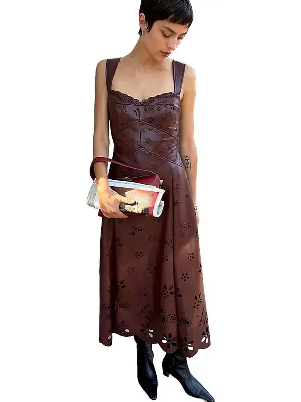 Maeve Jocelyn Faux Leather Cutwork Midi Dress - Brown