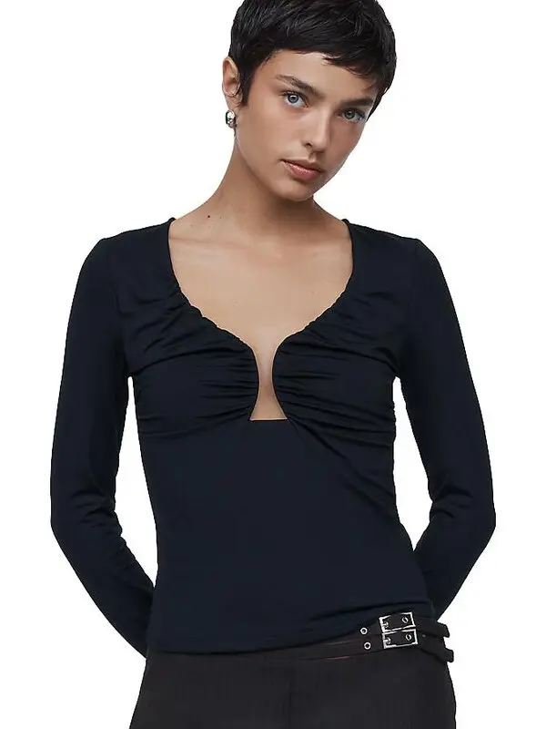 Anthropologie Maeve Plunge Long Sleeve Top - Black