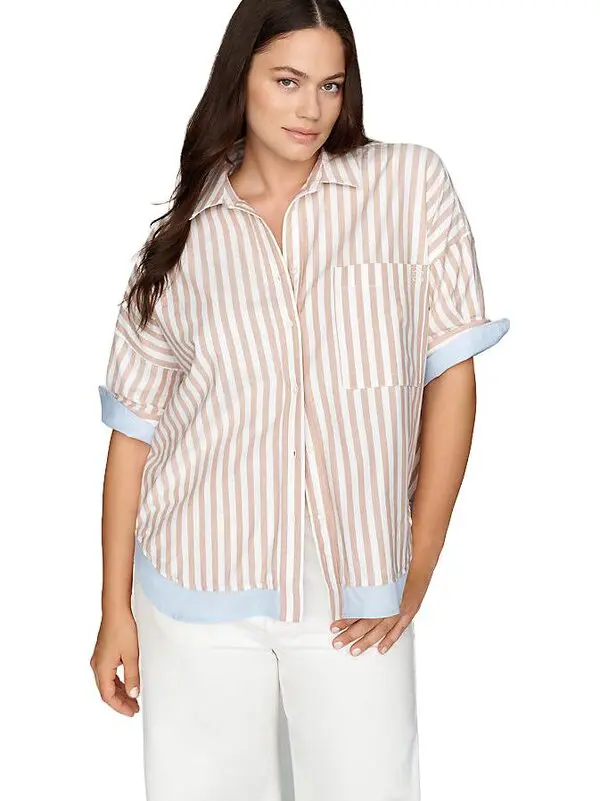 Maeve Mabel Contrast Boxy Oxford Shirt Top - Neutral Pattern