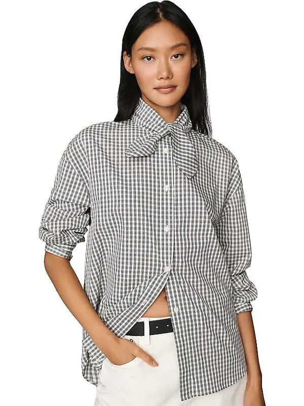 ELODIE Clair 100% Cotton Tie-neck Shirt Top - Ecru/black