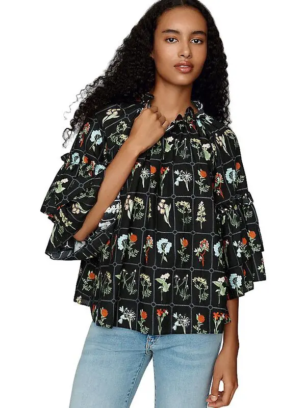SAMDI Blythe 100% Cotton Ruffle-sleeve Blouse - Black Multi