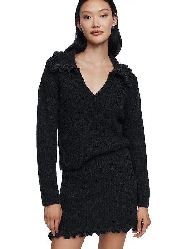 Maeve Cotton Wool Ribbed & Ruffled Knit Mi Skirt - Black