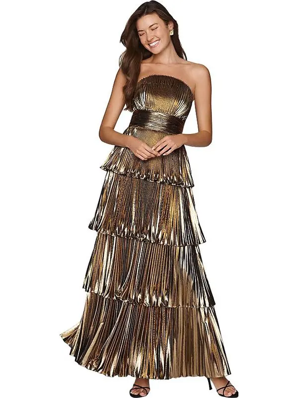 Mac Duggal Strapless Tiered Maxi Gown - Gold