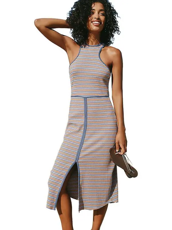CELANDINE Racer-neck Dress - Brown Stripe